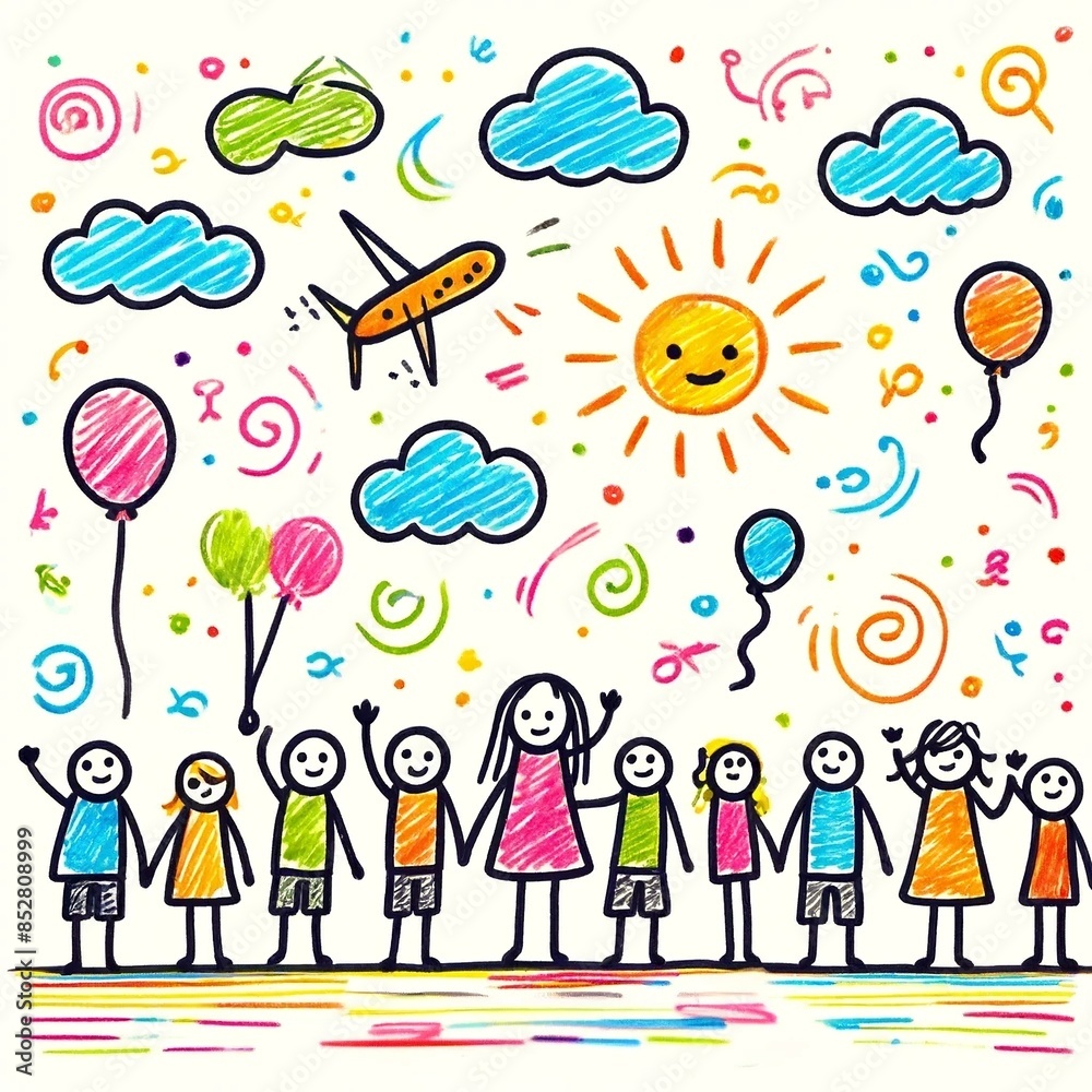 Cheerful Farewell: A whimsical hand-drawn scene by a young artist ...