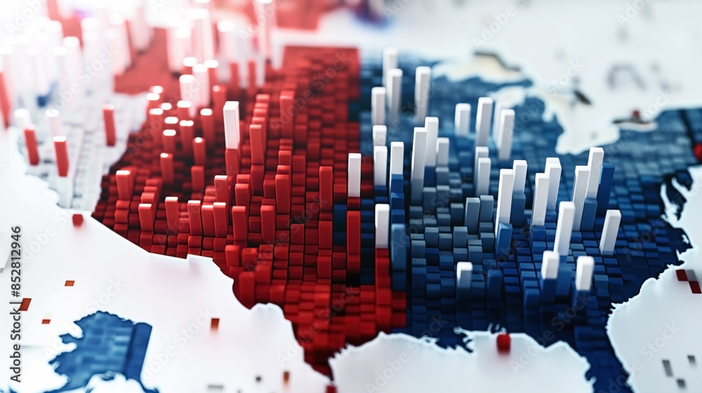 3D rendered map displaying population density with red and blue blocks ...