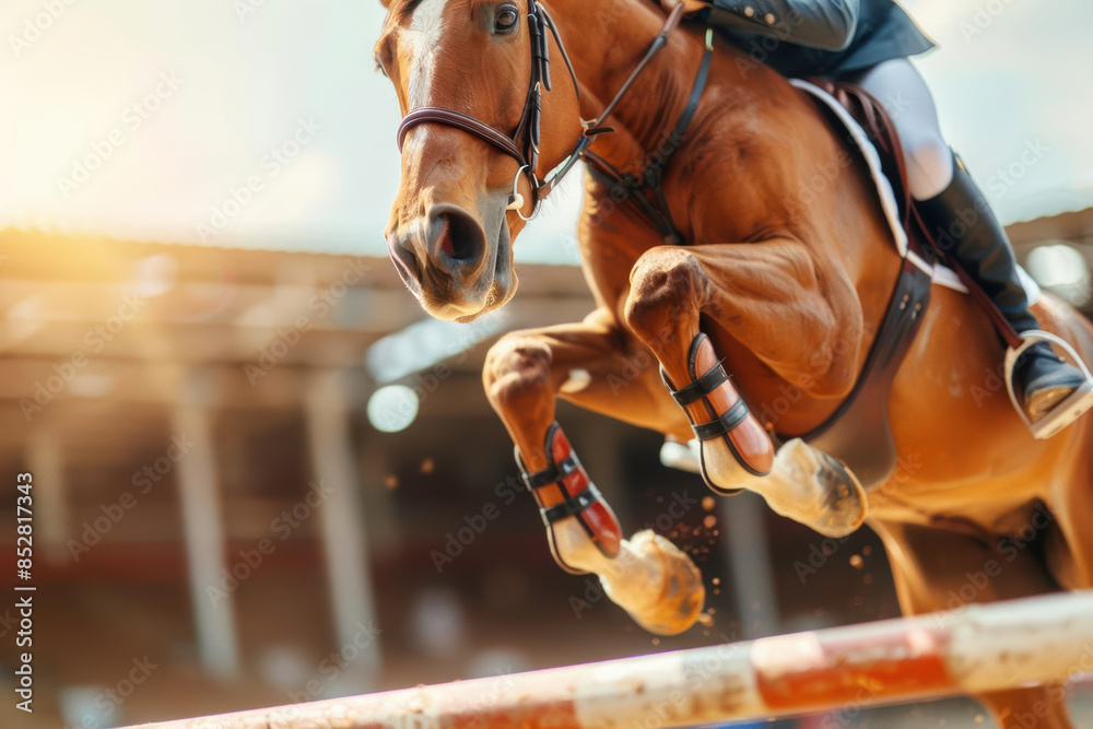 Equestrian rider jumping over an obstacle, focus on horse and rider s ...