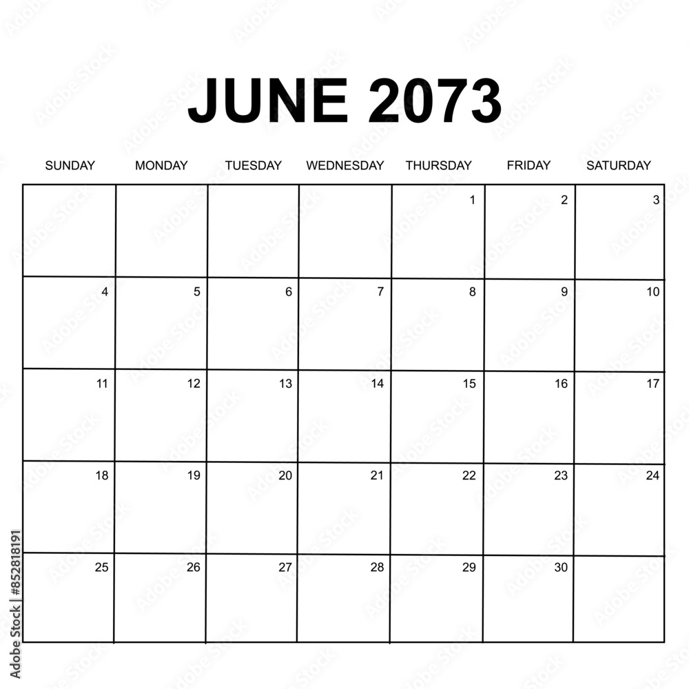 june 2073. monthly calendar design. week starts on sunday. printable ...