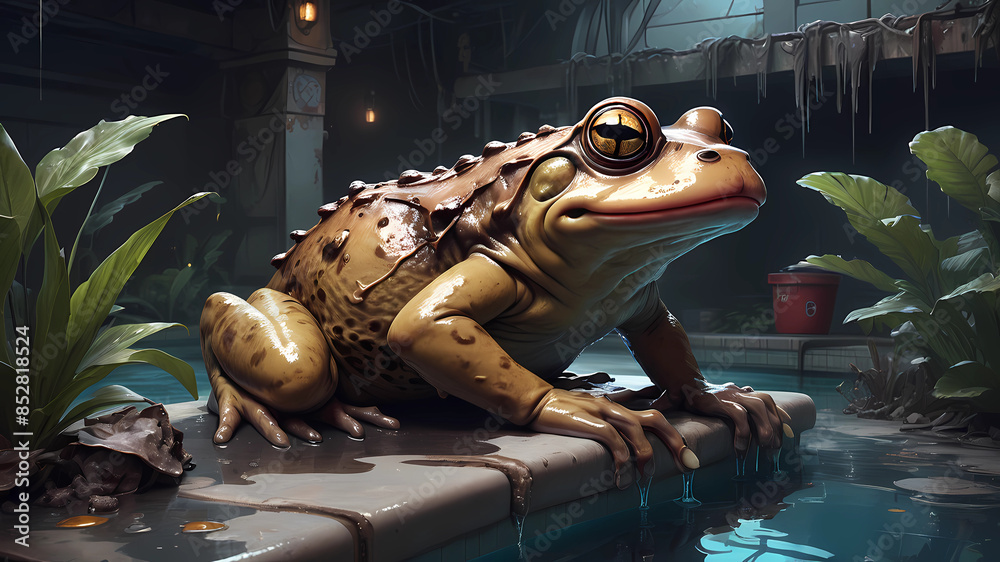 “giant saber-toothed frog, sitting on a pool of grease, fantasy art ...