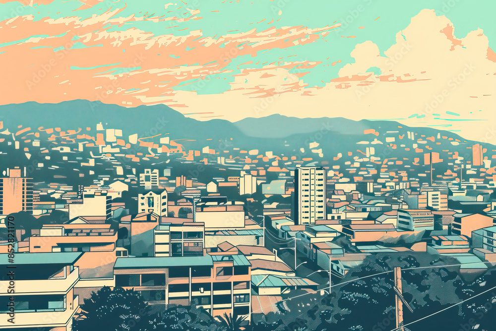 Risograph print travel poster illustration of Tegucigalpa, Honduras ...