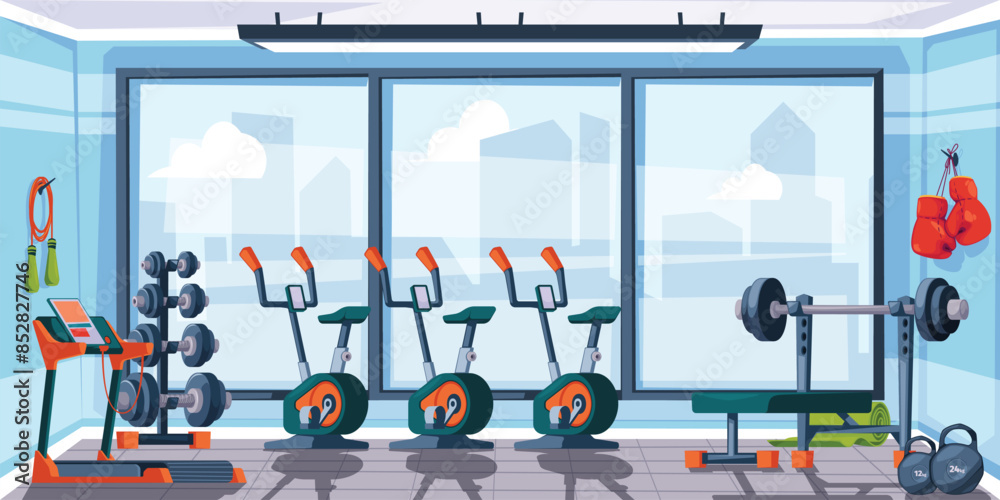 Fitness gym interior background. Gymnasium room with sport equipment ...
