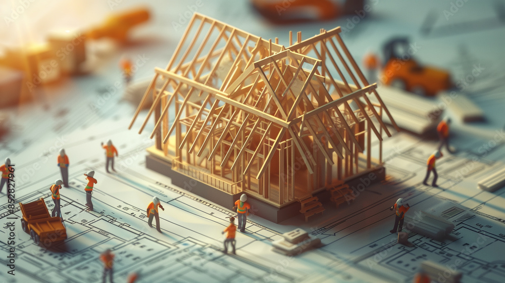 Miniature House Construction Model on Architectural Blueprint Stock ...