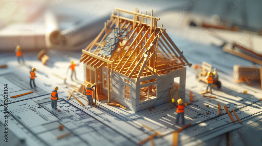 Miniature House Construction Model on Architectural Blueprint Stock ...