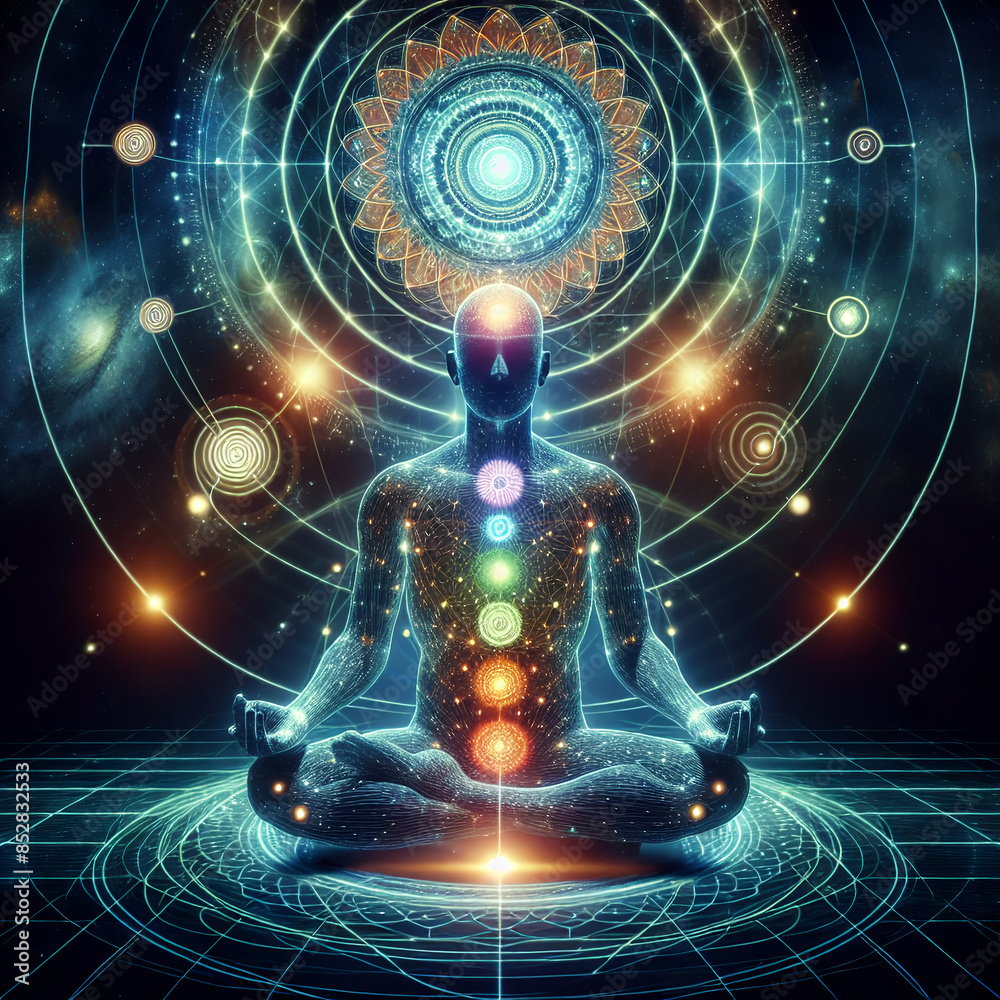 Silhouette of Person in Meditative Pose with Aligned Chakras on Cosmic ...