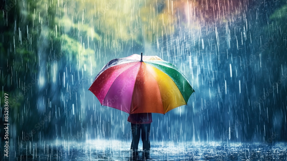 Person holding a colorful umbrella in heavy rain, standing outdoors ...