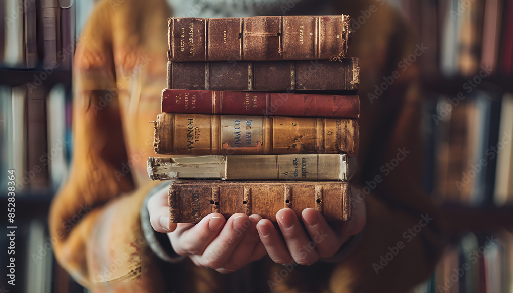 Hands holding stack of vintage old books. Concept of self-education ...