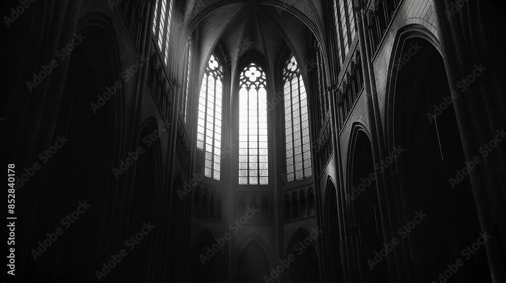Black and white photograph of a gothic cathedral interior with tall ...