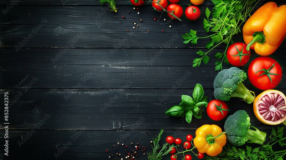 Frame of colorful vegetables on dark wooden background with copy space ...