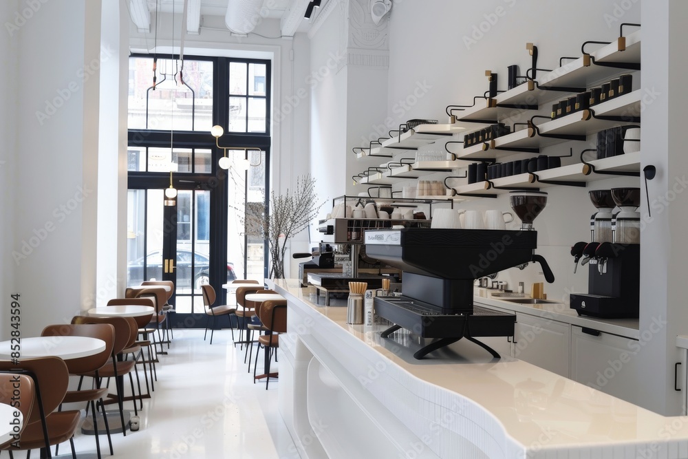 A coffee shop with white walls and black accents, featuring an elegant ...