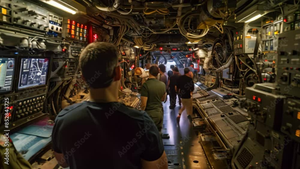 A group of men standing inside a busy control room on an aircraft carrier, An aircraft carrier ...