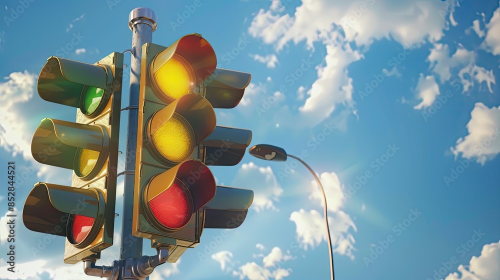 traffic light on a background of blue sky. Red, yellow and green lights ...