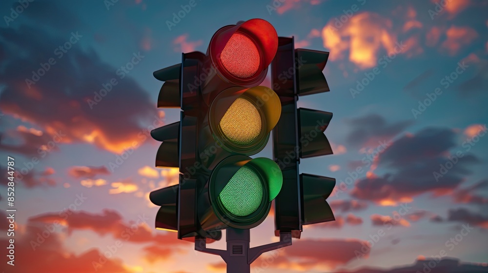 traffic light on a background of blue sky. Red, yellow and green lights ...