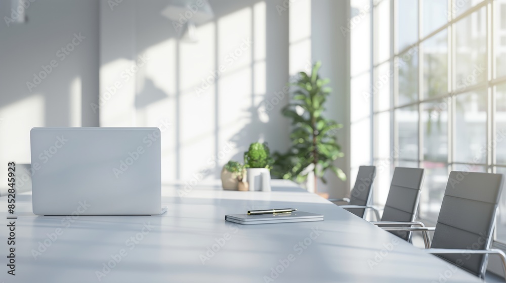 Modern conference room with a sleek laptop and notepad on a large table ...