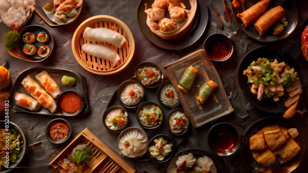 A variety of delicious dim sum dishes spread out on a table, showcasing ...