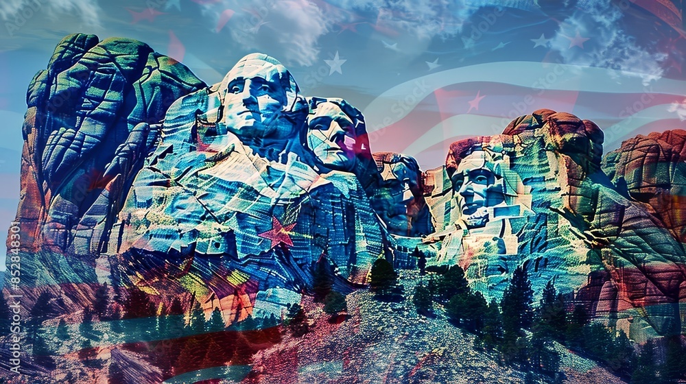 Intricate double exposure of Mount Rushmore presidential monument and ...
