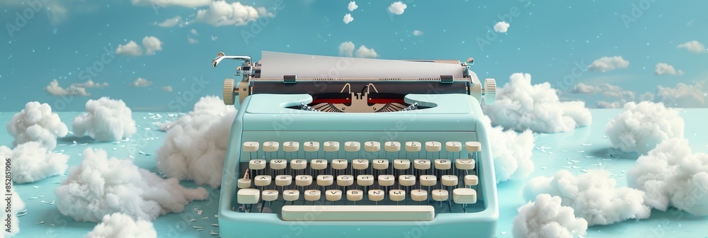 Vintage typewriter suspended against a soft,dreamy pastel sky with ...
