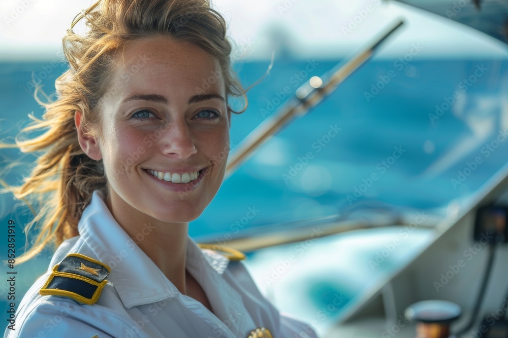 Confident female naval captain at the helm of a ship, guiding with ...