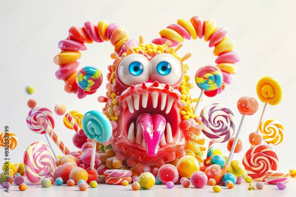 Cute cartoon monster made of candy with wide open mouth and big blue ...
