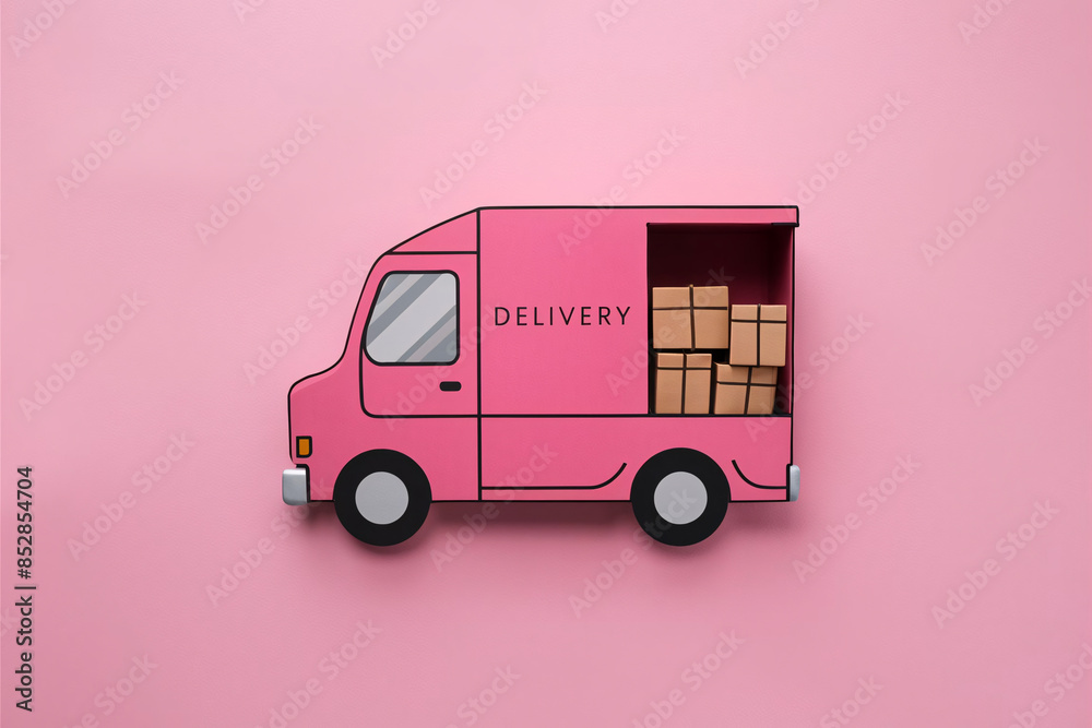 Pink delivery truck on a light pink background with the word “Delivery ...
