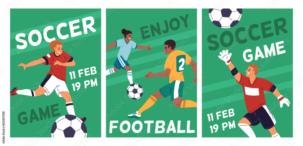Football match cards. Soccer players kicking ball on stadium field ...