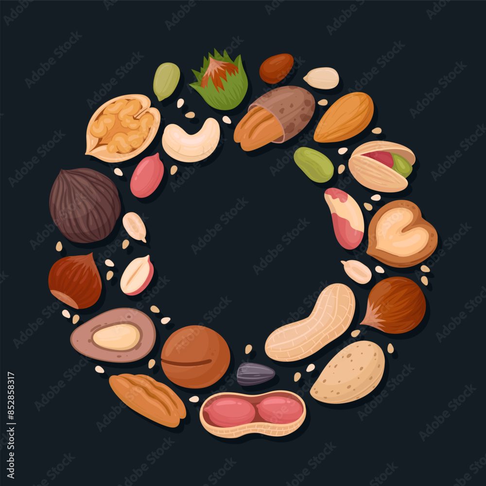 Nuts round frame. Tasty nuts, pistachio, walnut, almond and hazelnut ...