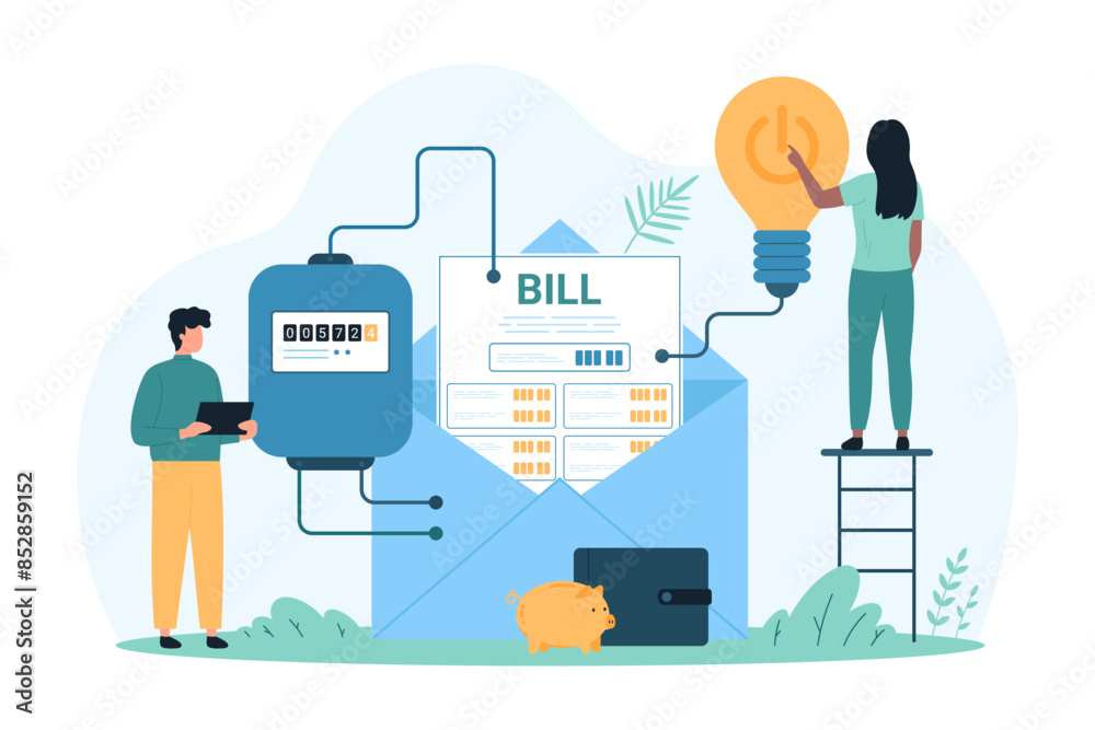 Electricity bill, payment for invoice. Tiny people press power button ...