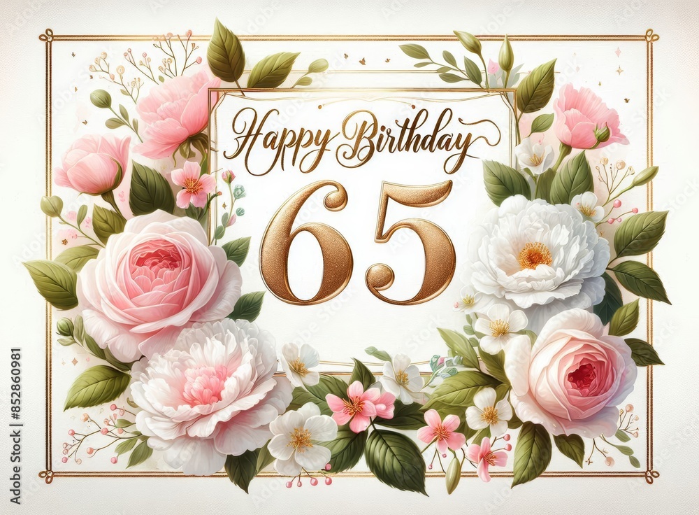 Elegant floral 65th birthday card with roses, peonies, and gold accents ...