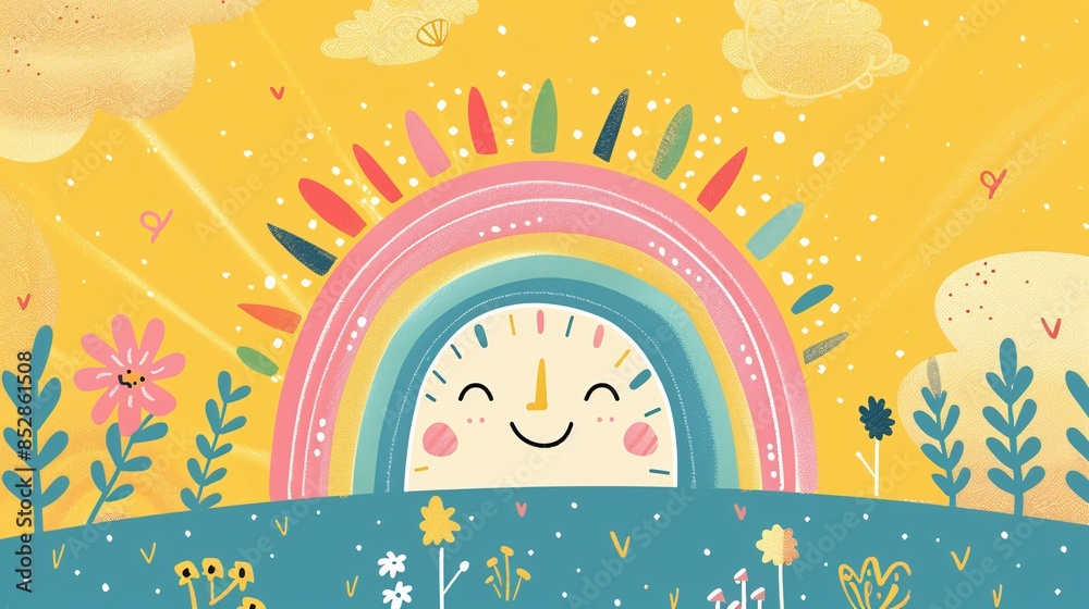 Cute and playful poster design with a rainbow and hand-drawn ...
