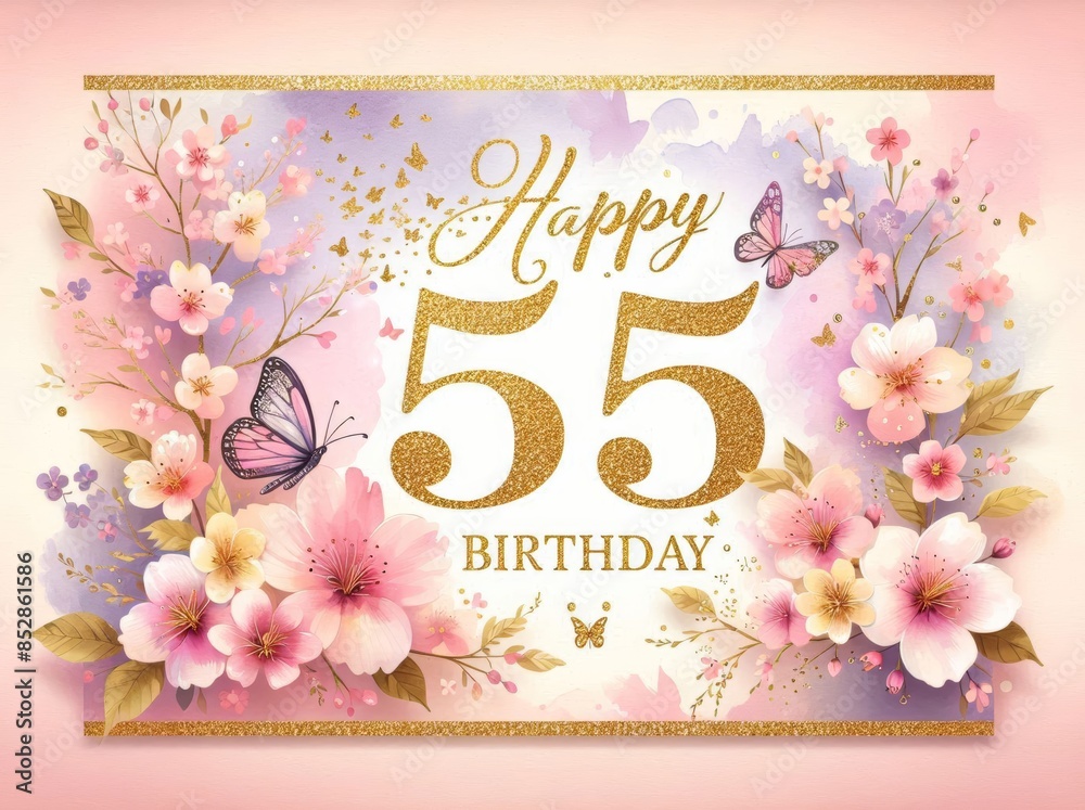 Elegant 55th birthday card with golden numbers, pink flowers, and ...