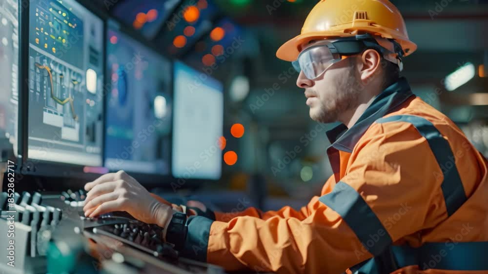 A man wearing a hard hat is focused on a computer screen, working diligently, An engineer ...