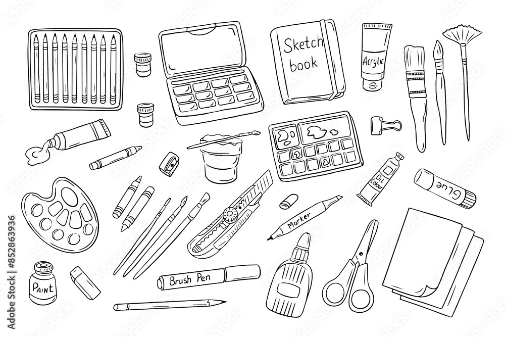 Art products outline doodle set with painting and crafting items ...
