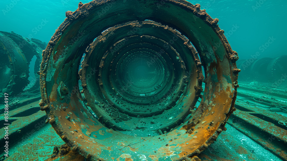 Underwater view of a large, rusted, circular metal structure with ...