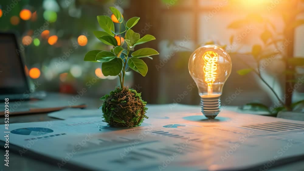 A light bulb placed on a table beside a green plant, An innovative ...