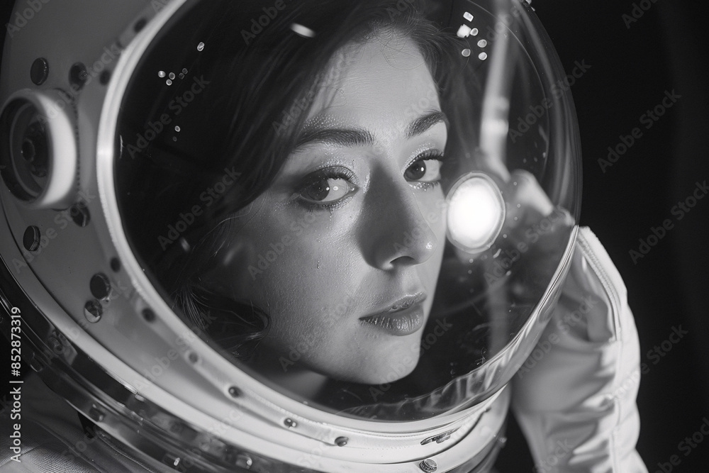 1950's atomic age portrait of model as astronaut wearing sci-fi style ...