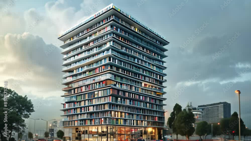 A very tall office building sits alongside a road with cars passing by ...