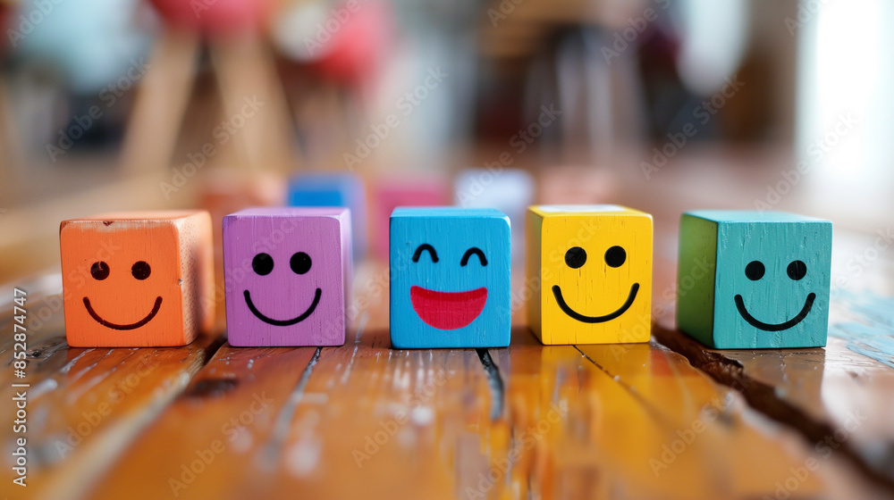 Smiling faces on colorful wooden blocks - scale of happiness on therapy ...