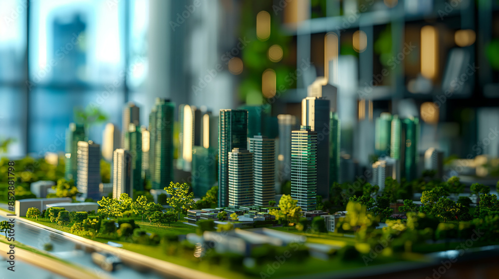 Scale model for modern, new green city buildings in blurred background ...