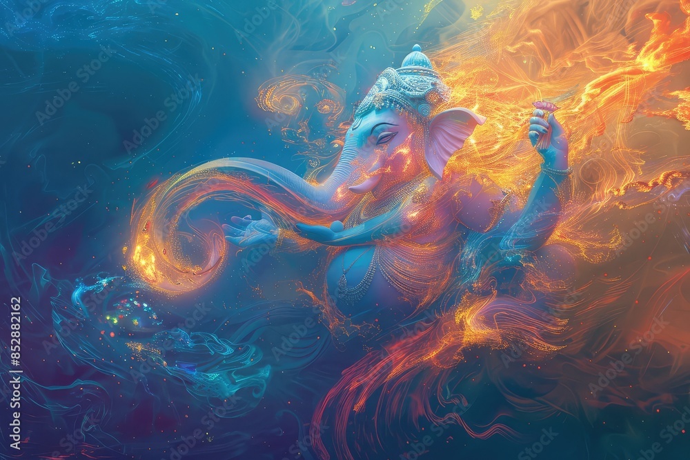 Lord Ganesha seated in an elaborate throne room, depicted with elegance ...