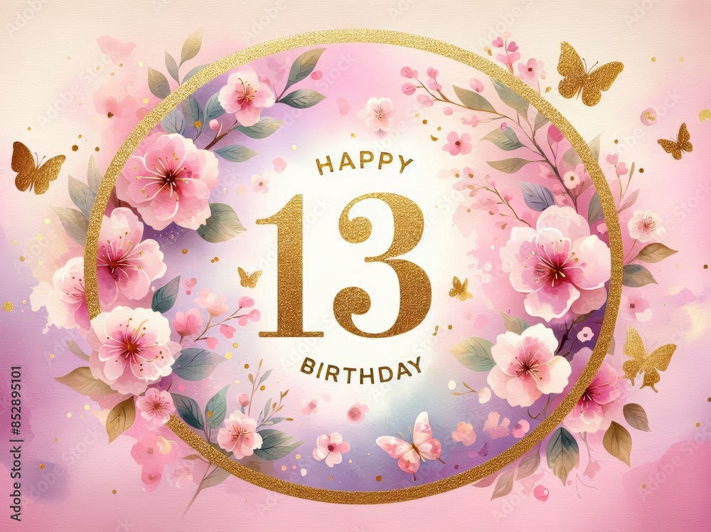 13th birthday card with floral designs, butterflies, and golden frame ...