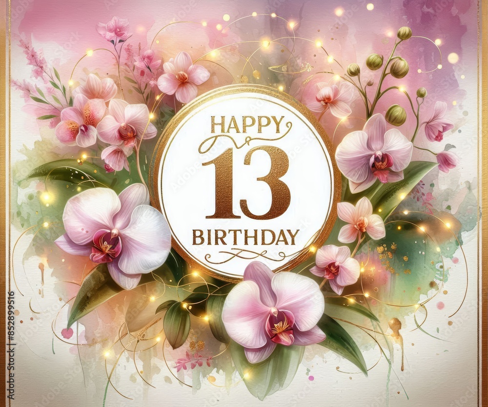 Elegant Happy 13th Birthday card adorned with watercolor flowers and ...