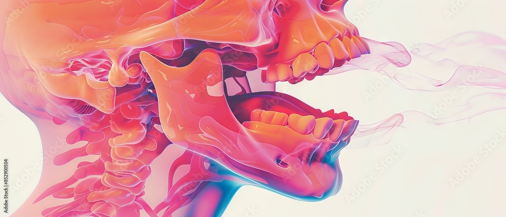 Colorful anatomical illustration of human head and neck showing bones ...