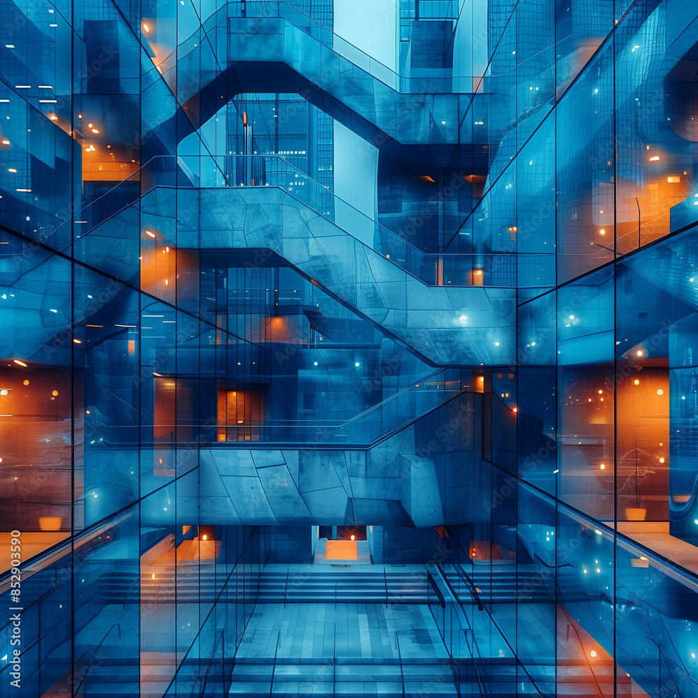 Geometric architectural patterns formed by blue glass walls and orange ...