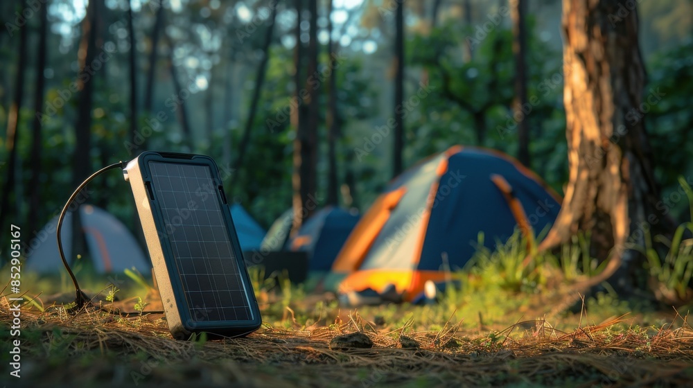 Portable power bank with solar panels in an outdoor campsite, adventure ...