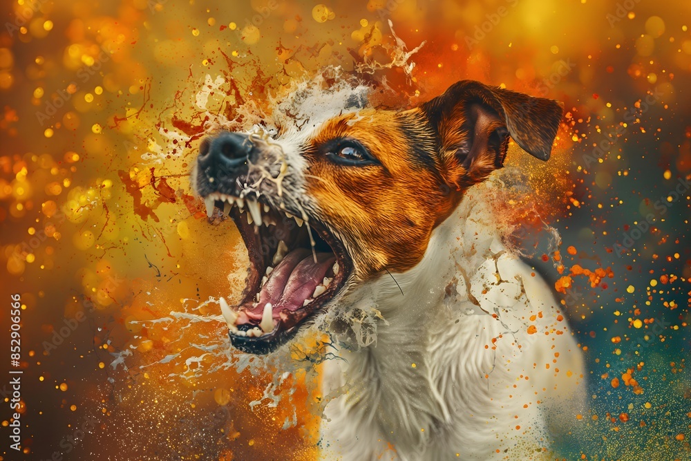 A Jack Russell Terrier in full roar, charging forward with a fierce expression. The image is ...