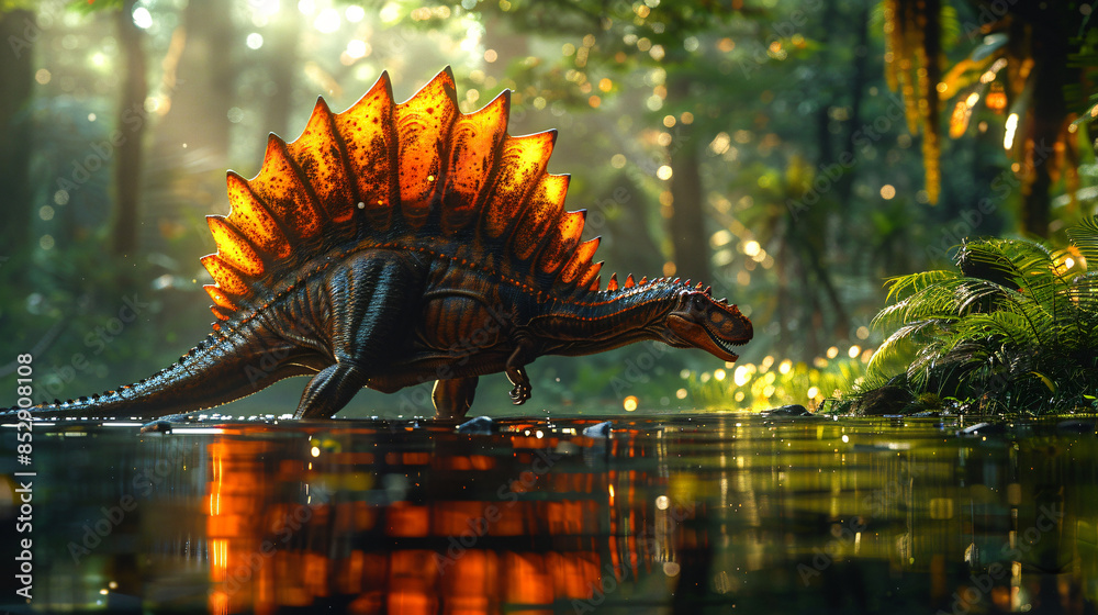 A spinosaurus with its sail-like dorsal fin emerging from a tranquil ...