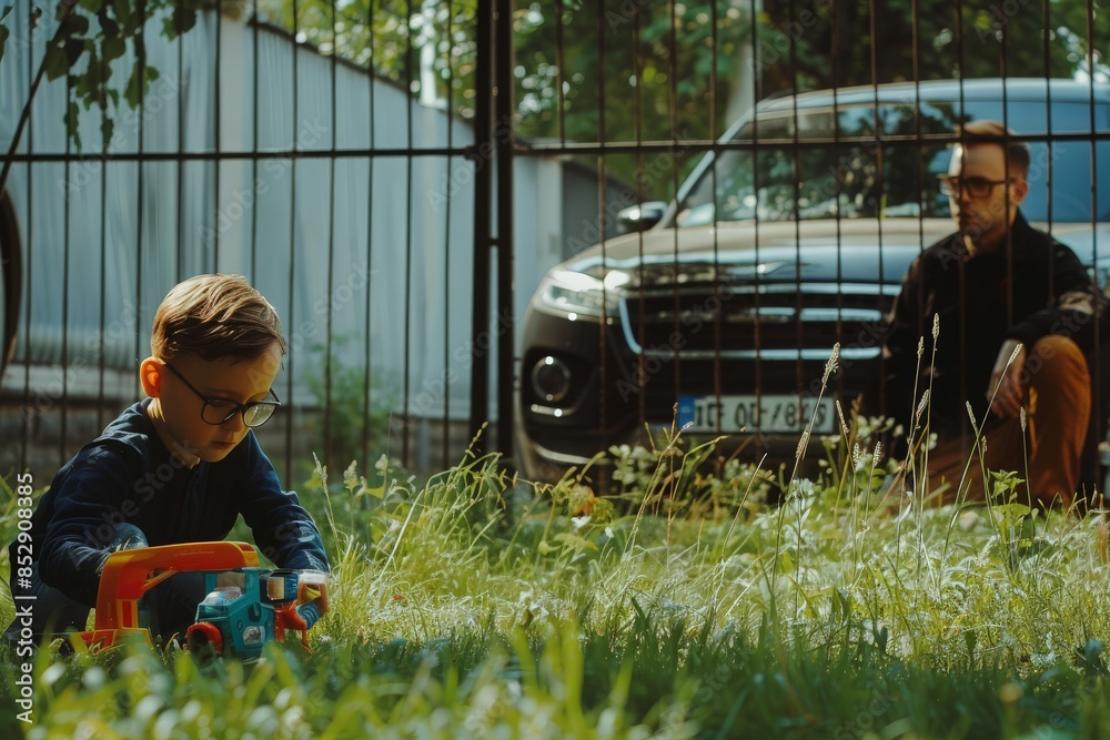 Child abduction. A suspicious man watches a playing child from behind a ...