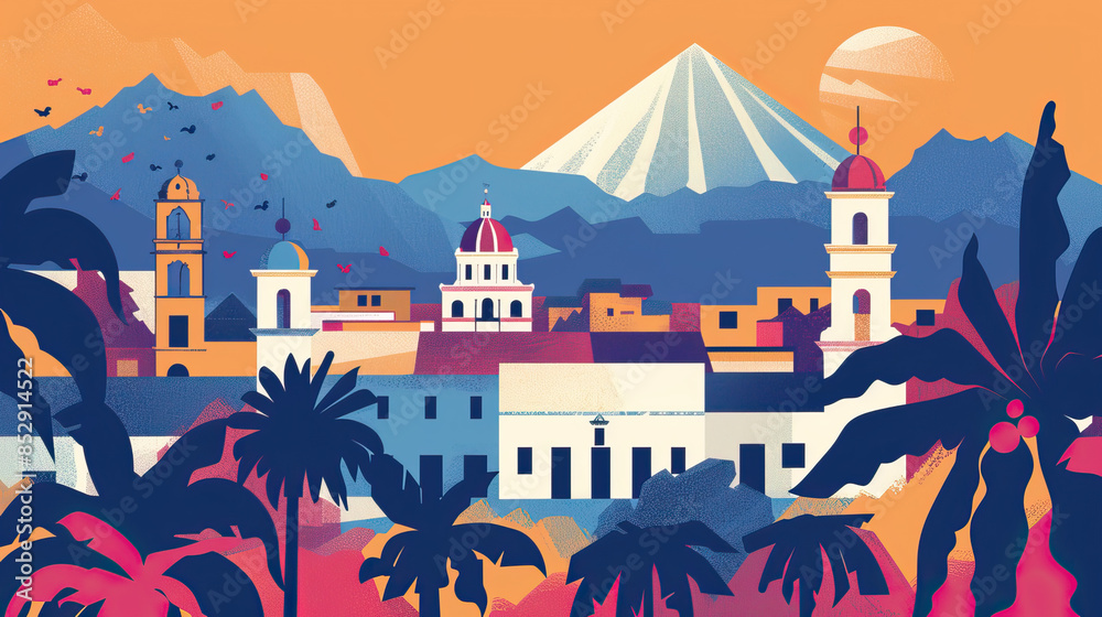 Risograph print travel poster illustration of Arequipa, Peru, modern ...