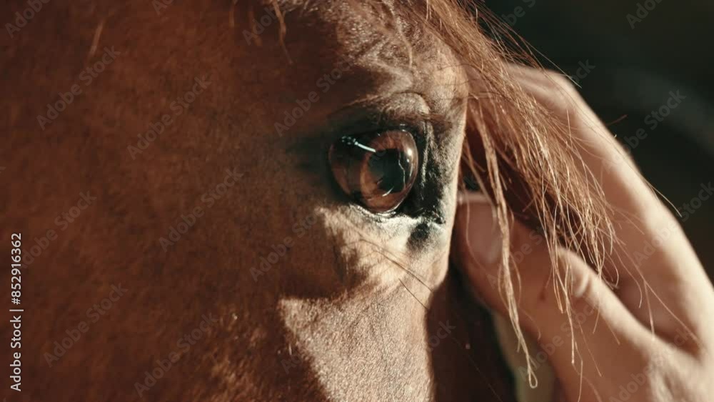 horse eyes. close-up. dark, black, big horse eyes in the sun rays ...